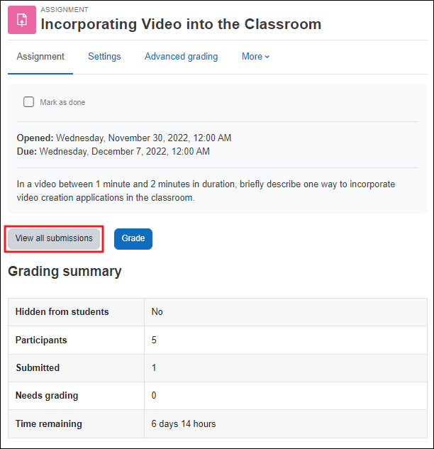 Grading an Assignment with Video Submissions