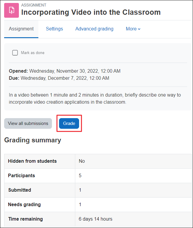 Grading an Assignment with Video Submissions
