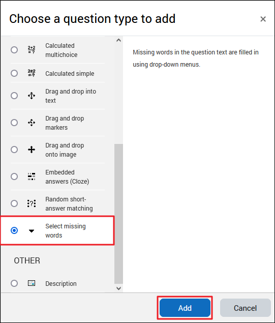 Using "Select Missing Words" Question Type