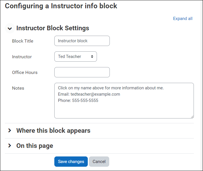 Setting up the Instructor Info Block