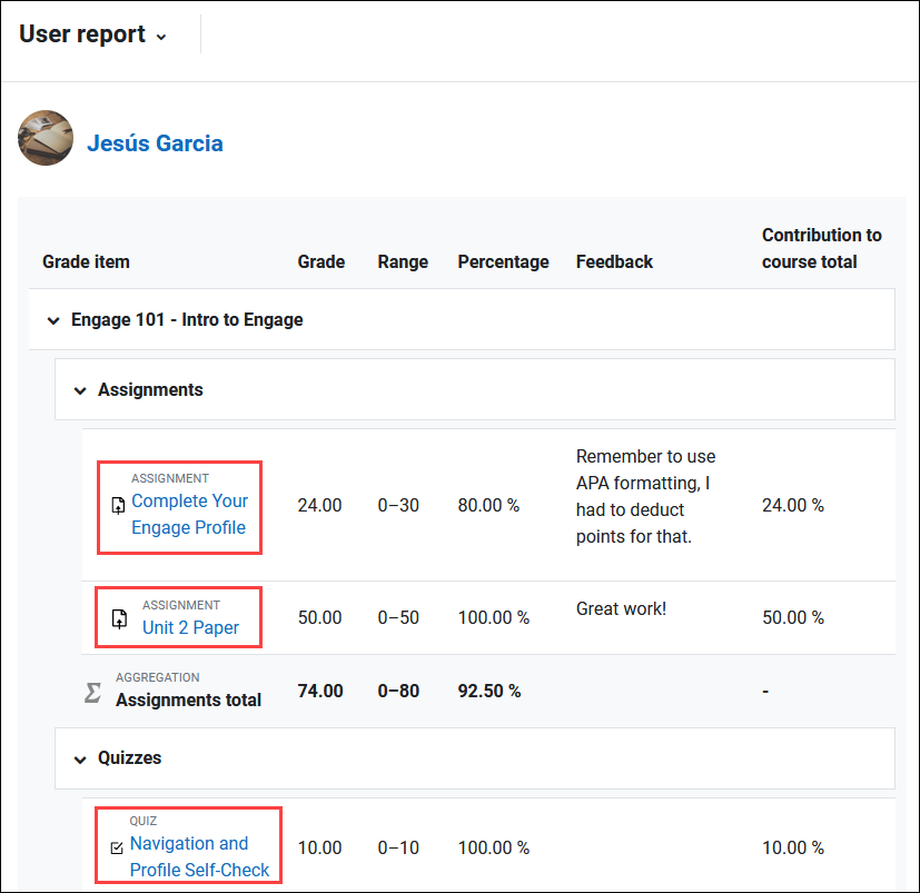 Viewing Student Grades in the User Report in Engage