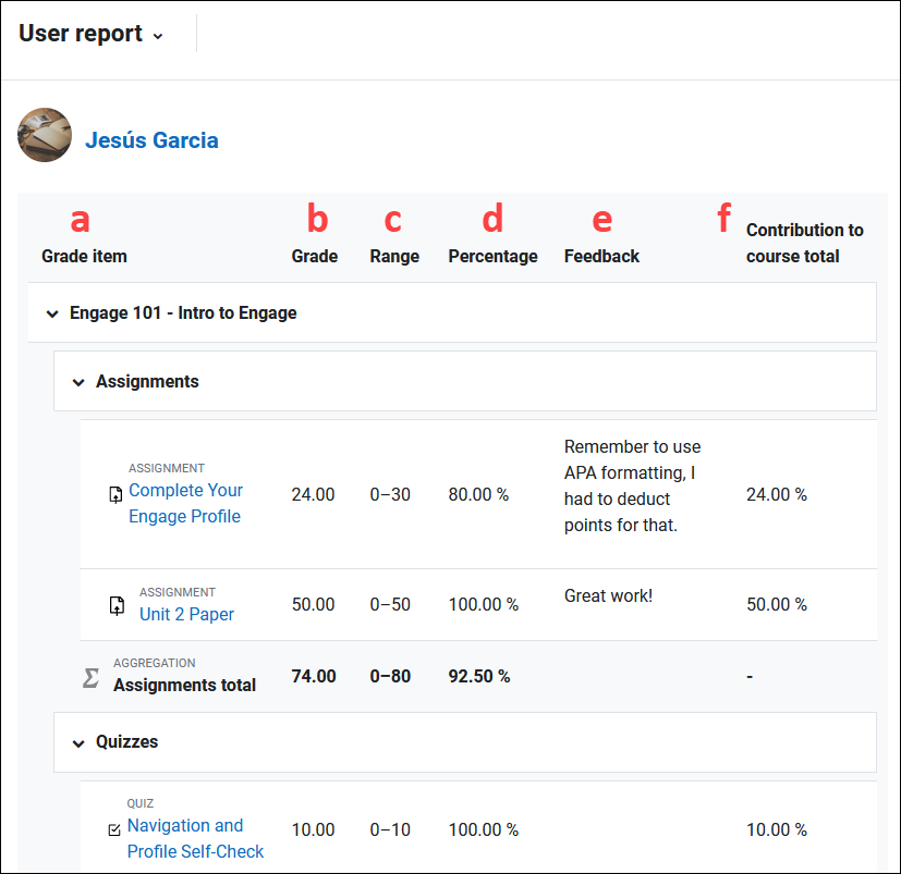 Viewing Student Grades in the User Report in Engage