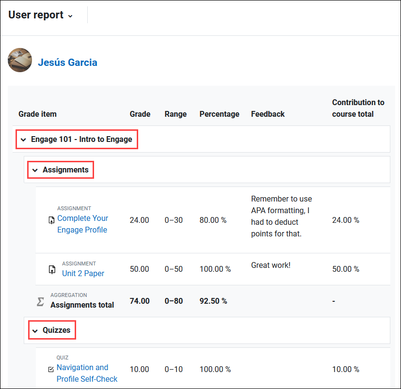 Viewing Student Grades in the User Report in Engage